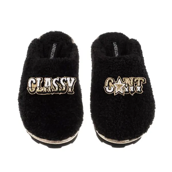 LAINES LONDON Teddy Closed Toe Slippers With Classy Cunt Brooches - Black