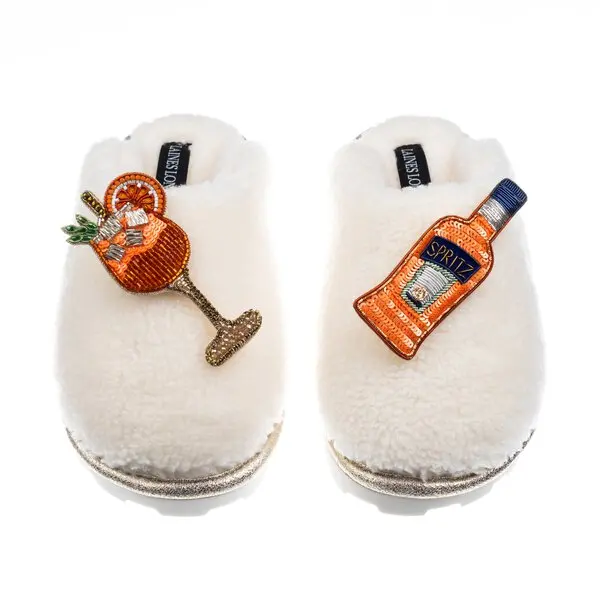 LAINES LONDON Teddy Closed Toe Slippers With Summer Spritzer Brooches Cream - White