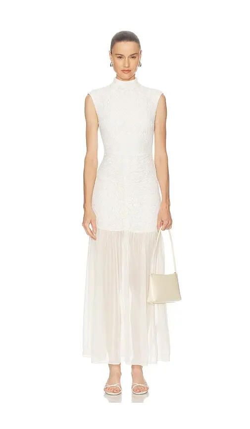 ROTATE BY BIRGER CHRISTENSEN Lace Ruched Maxi Dress In White - Egret