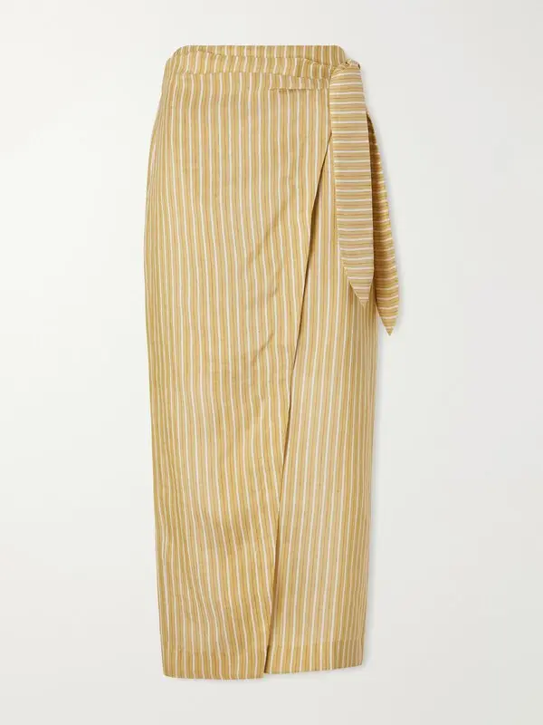 Brunello Cucinelli Striped Linen And Silk-blend Midi Wrap Skirt - Yellow