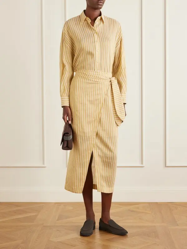Brunello Cucinelli Striped Linen And Silk-blend Midi Wrap Skirt - Yellow