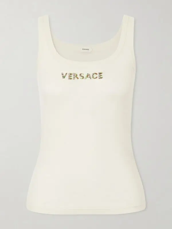 Versace Crystal And Bead-embellished Logo-embroidered Wool Tank