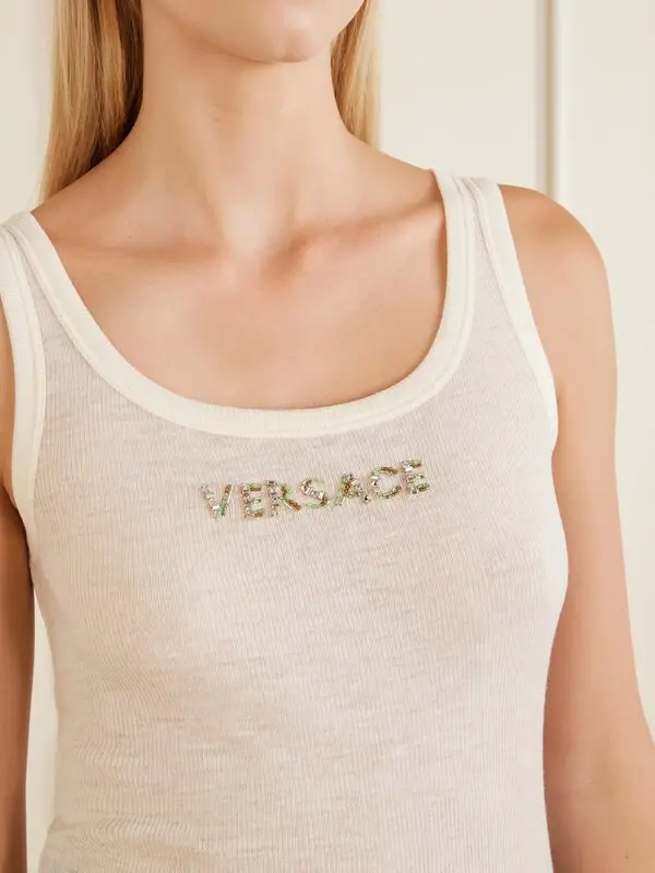 Versace Crystal And Bead-embellished Logo-embroidered Wool Tank