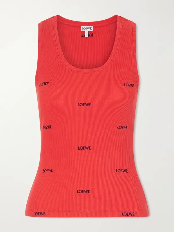Loewe Logo-embroidered Ribbed Stretch-cotton Jersey Tank - Red