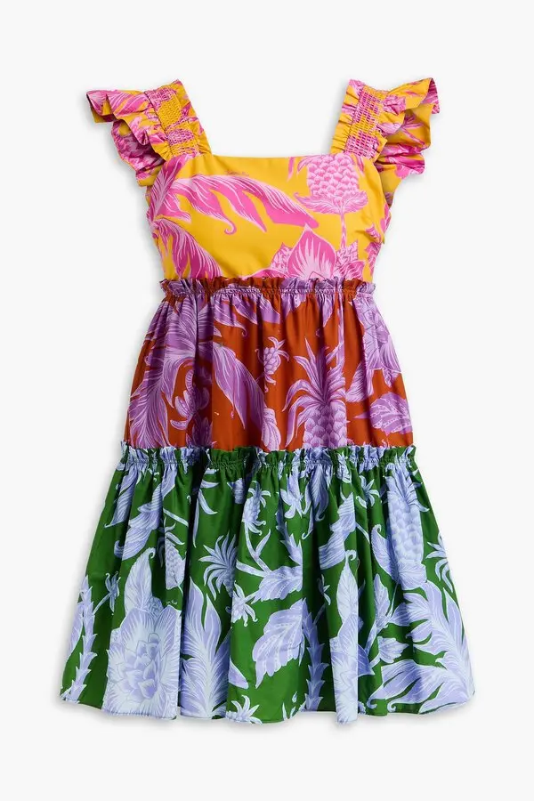 Farm Rio Tiered Printed Cottonpoplin Mini Dress - Marigold