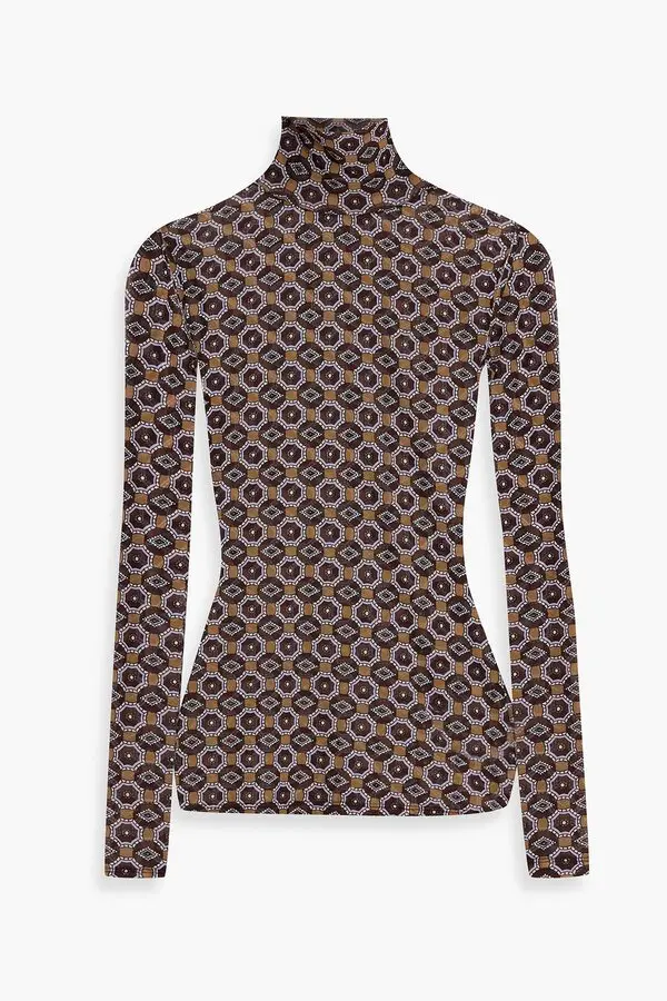 Dries Van Noten Printed Stretchmesh Turtleneck Top - Brown