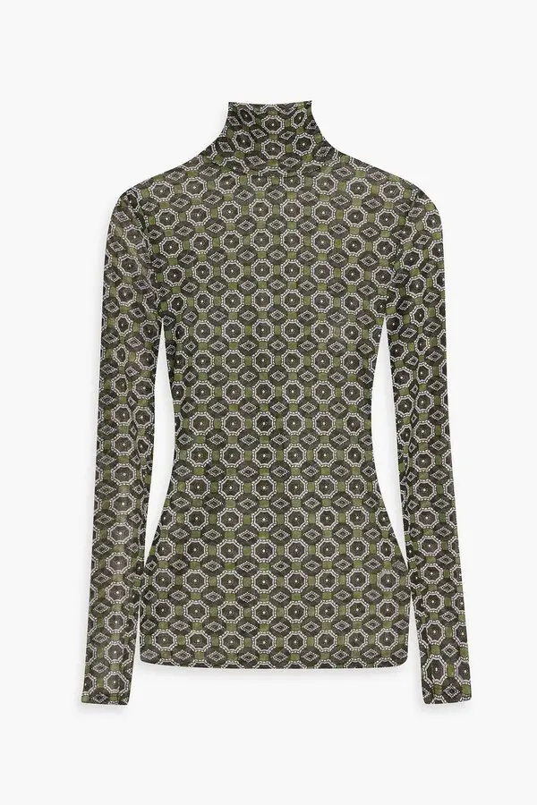 Dries Van Noten Printed Stretchmesh Turtleneck Top - Green