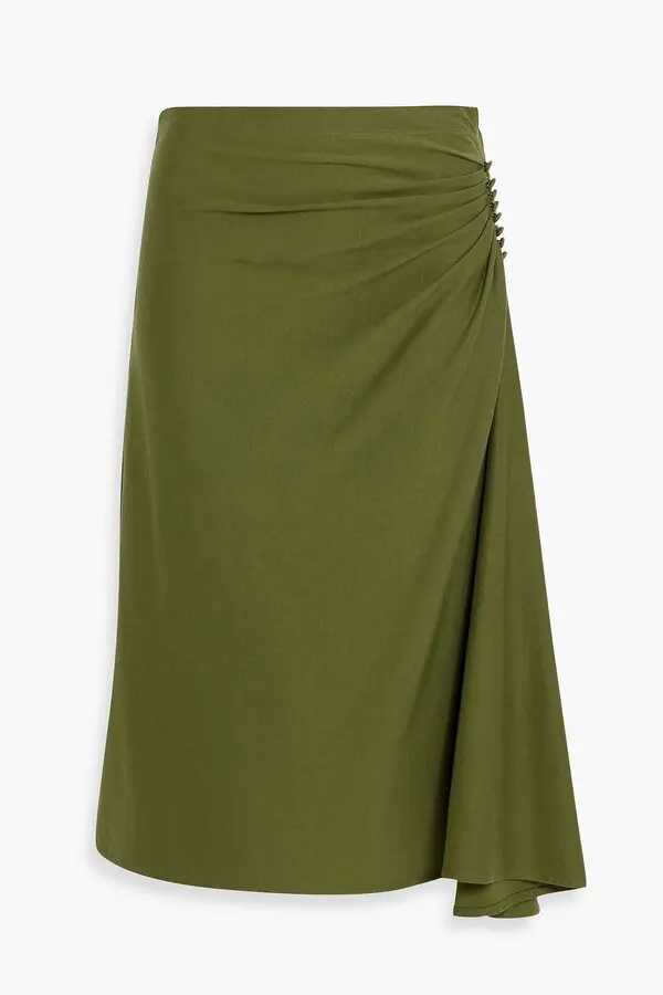 Dries Van Noten Buttondetailed Ruched Cottonjersey Skirt - Leaf Green