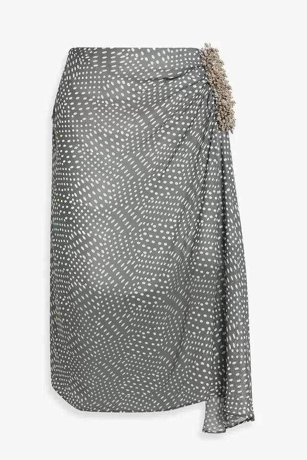 Dries Van Noten Beadembellished Ruched Printed Crepe Midi Skirt - Gray