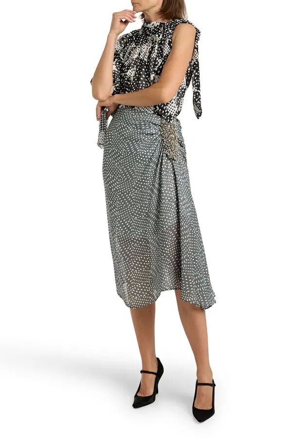Dries Van Noten Beadembellished Ruched Printed Crepe Midi Skirt