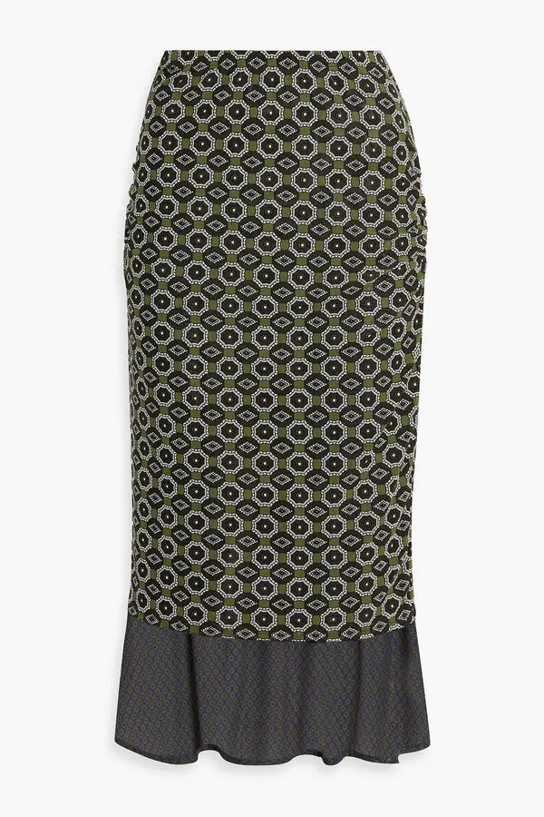 Dries Van Noten Layered Printed Stretchmesh Midi Skirt - Leaf Green