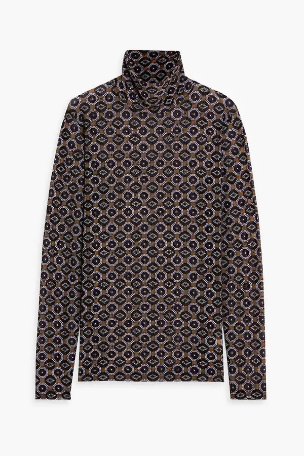 Dries Van Noten Embellished Printed Stretchmesh Turtleneck Top - Brown