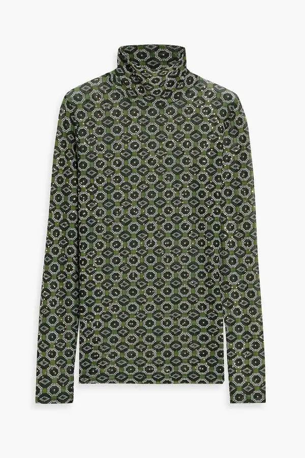 Dries Van Noten Embellished Printed Stretchmesh Turtleneck Top - Green