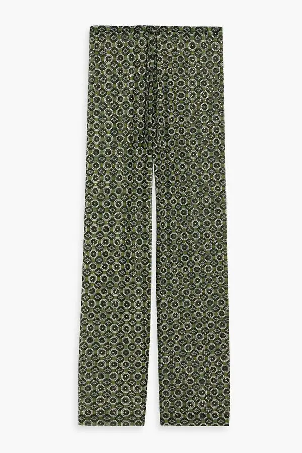 Dries Van Noten Embellished Printed Stretchmesh Straightleg Pants
