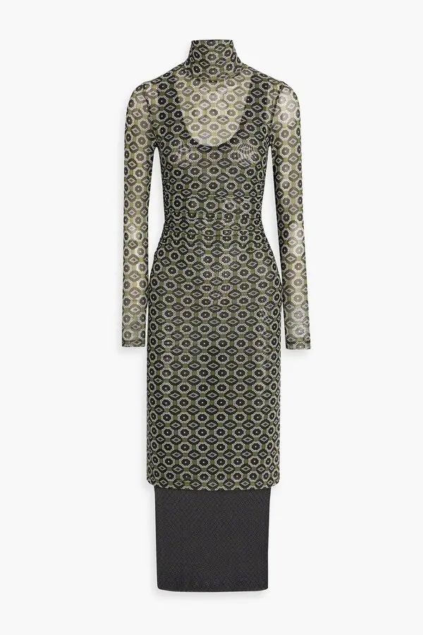 Dries Van Noten Layered Printed Stretchmesh Turtleneck Midi Dress