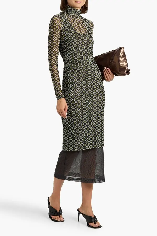 Dries Van Noten Layered Printed Stretchmesh Turtleneck Midi Dress