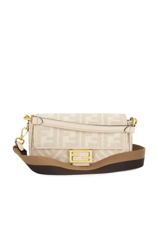Fendi Vitello King Ff Embroidered Mini Baguette Shoulder Bag - Poudre
