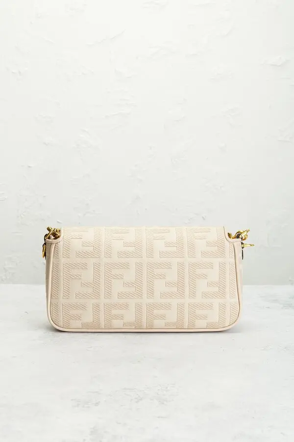 Fendi Vitello King Ff Embroidered Mini Baguette Shoulder Bag - Poudre