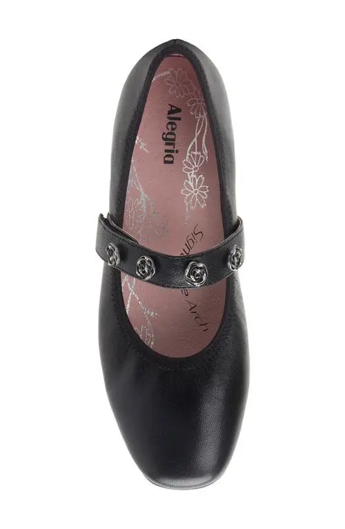 ALEGRIA Audree Mary Jane Flat With Floral Hardware - Black