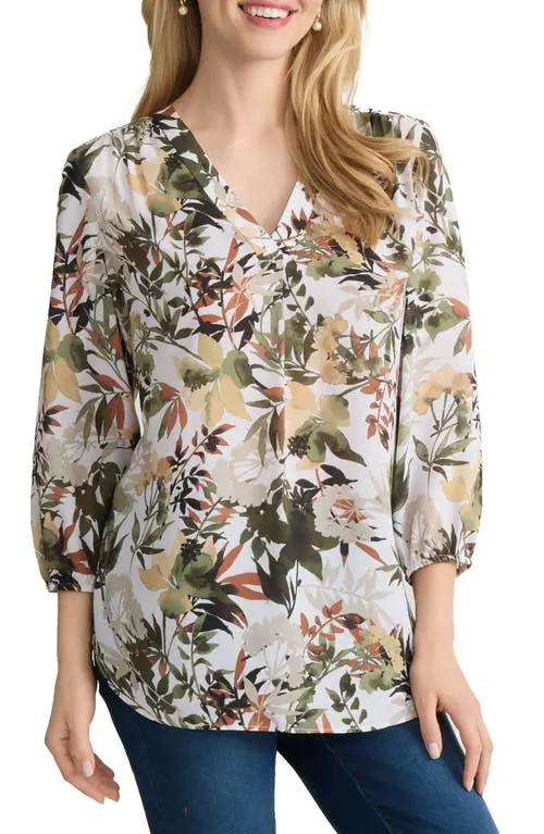 Jones New York Floral Three-quarter Sleeve V-neck Top