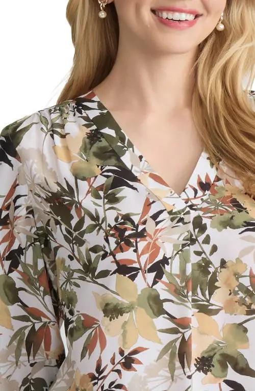 Jones New York Floral Three-quarter Sleeve V-neck Top