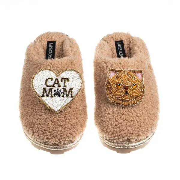 LAINES LONDON Neutrals Teddy Closed Toe Slippers With Cat Mum/mom & Ginger Persian Cat Brooches Toffee - Brown