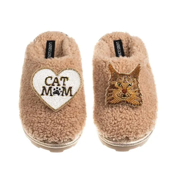 LAINES LONDON Neutrals Teddy Closed Toe Slippers With Cat Mum/mom & Maine Coon Cat Brooches Toffee - Brown
