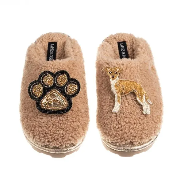 LAINES LONDON Neutrals Teddy Closed Toe Slippers With Paw & Fawn & White Italian Greyhound Brooches Toffee - Brown