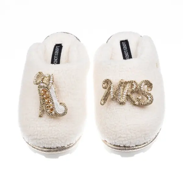 LAINES LONDON Neutrals / Teddy Closed Toe Slippers With Mrs & Wedding Heel Brooches Cream - White