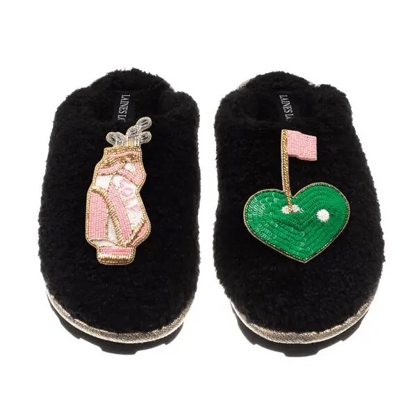 LAINES LONDON Teddy Closed Toe Slippers With Golf Lover Brooches - Black