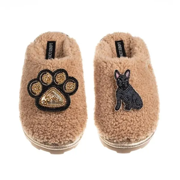 LAINES LONDON Neutrals Teddy Closed Toe Slippers With Paw & Black Sitting French Bulldog Brooches Toffee - Brown