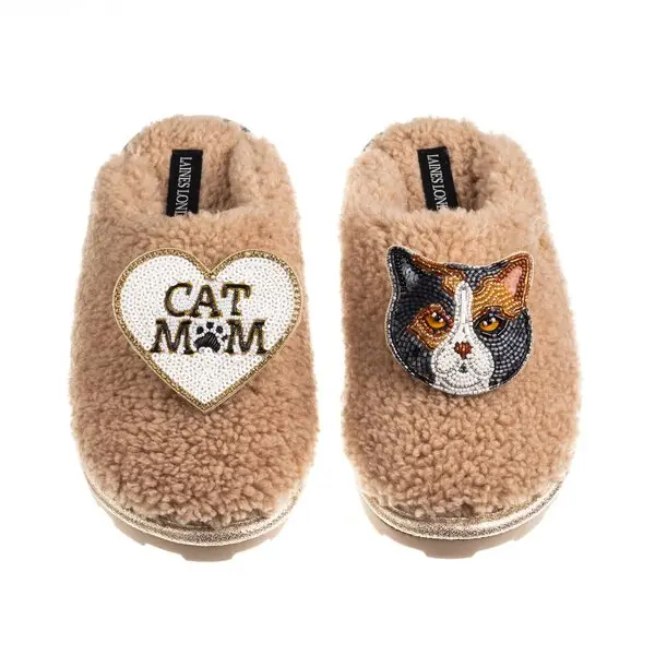 LAINES LONDON Teddy Towelling Slippers With Cat Brooches - Brown