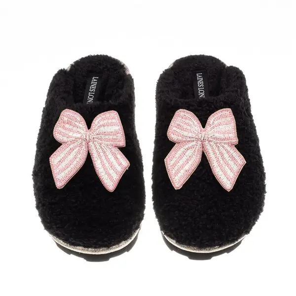 LAINES LONDON Teddy Closed Toe Slippers With Pink Stripe Bow Brooches - Black