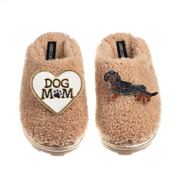 LAINES LONDON Neutrals Teddy Closed Toe Slippers With Dog Mum/mom & Dapple Dachshund Brooches Toffee - Brown