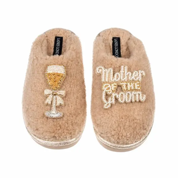 LAINES LONDON Neutrals Teddy Closed Toe Slippers With Mother Of The Groom Brooches Toffee - Brown