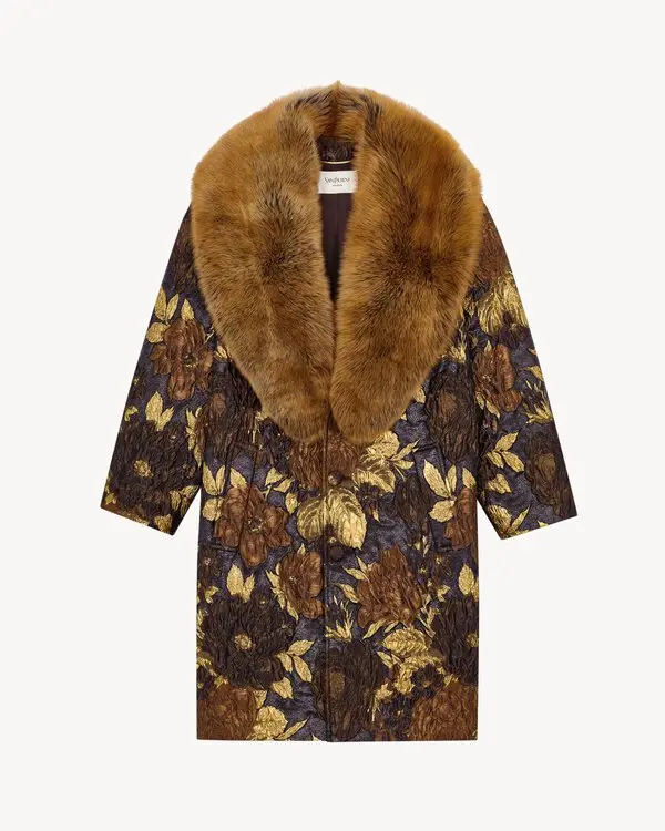 Saint Laurent Cocoon Coat In Brocade And Shearling