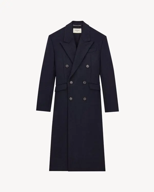 Saint Laurent Long Coat In Double-face Wool Felt - Marine