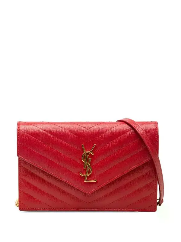 Saint Laurent 2017 Grain De Poudre Chevron Monogram Envelope Wallet On Chain Crossbody Bag - Red
