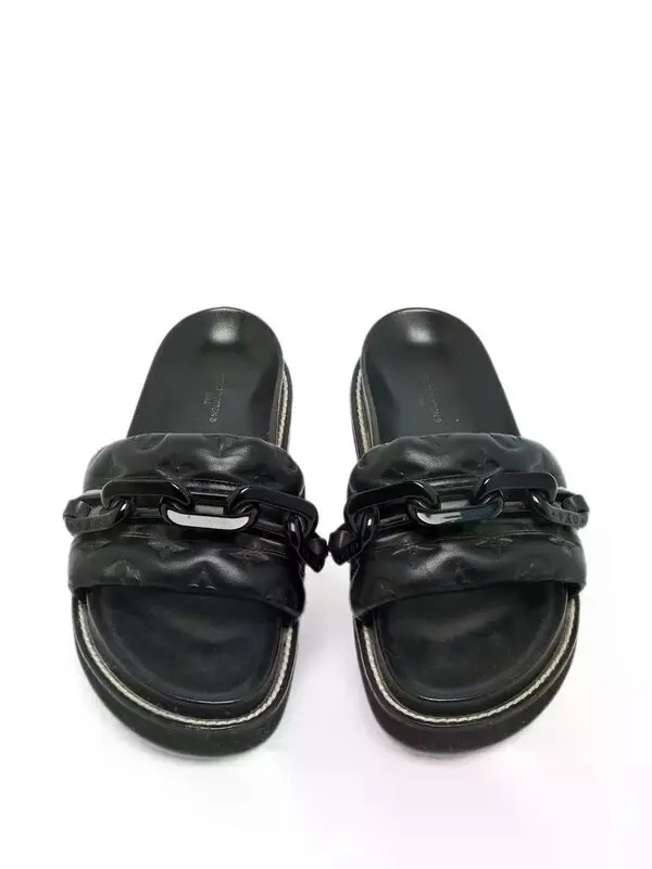 LOUIS VUITTON Leather Embossed Monogram Puffy Strap Chunky Chain Link Slides