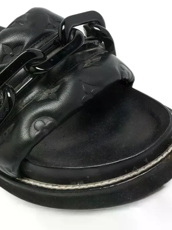 LOUIS VUITTON Leather Embossed Monogram Puffy Strap Chunky Chain Link Slides