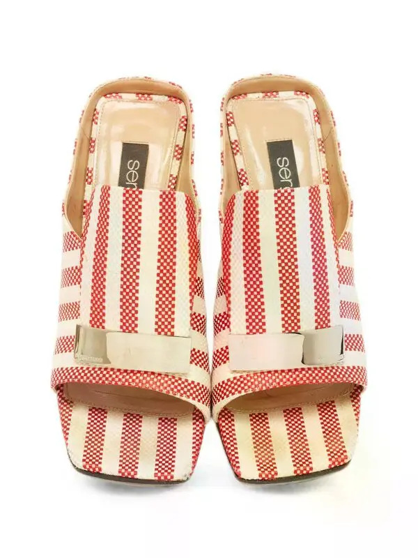 SERGIO ROSSI Striped Square Toe Block Heel Sandals