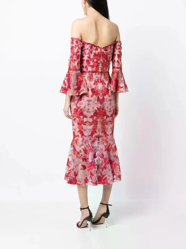 Marchesa Off-shoulder Floral Embroidered Dress
