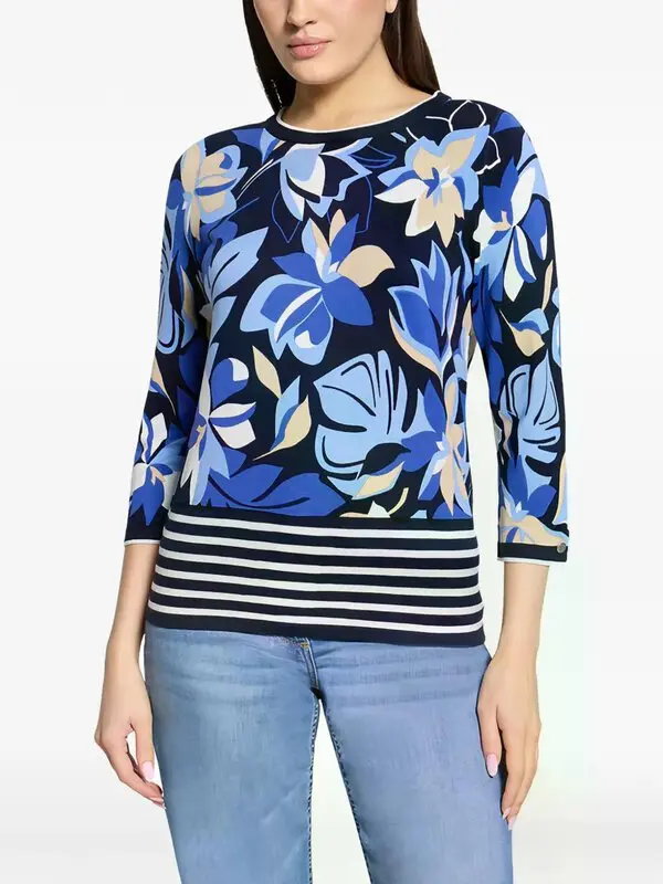 BETTY BARCLAY Floral Print Three-quarter Sleeve Crew Neck Sweater With Striped Hem - Blue