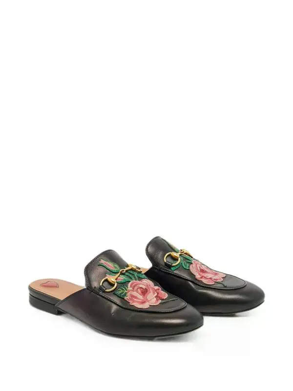 Gucci Princetown Leather Floral-embroidered Mules - Brown