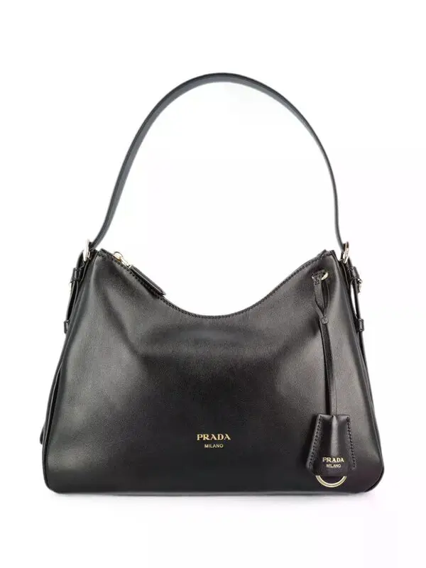 Prada Leather Shoulder Bag With Logo Lettering - Black
