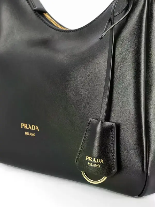 Prada Leather Shoulder Bag With Logo Lettering - Black