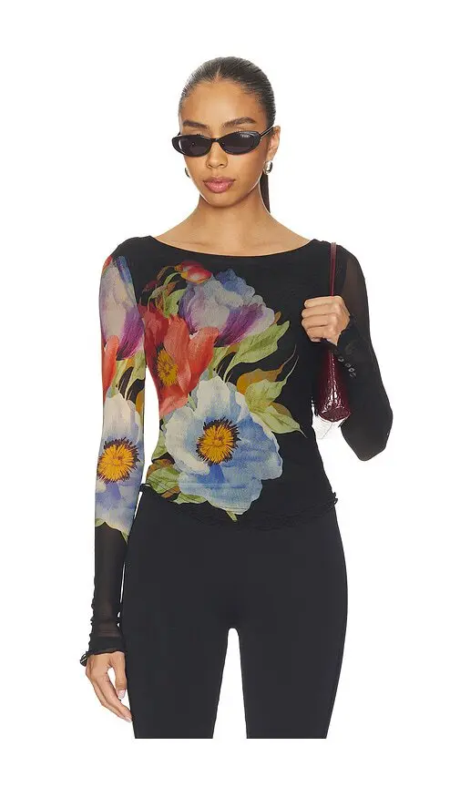 Free People Lilly Printed Long Sleeve Top - Black
