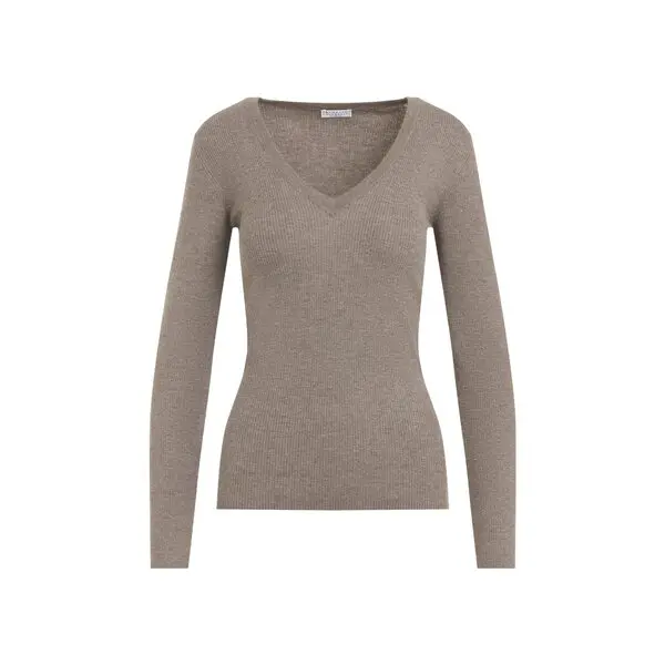 Brunello Cucinelli Ribbed V-neck Long Sleeve Sweater - Brown