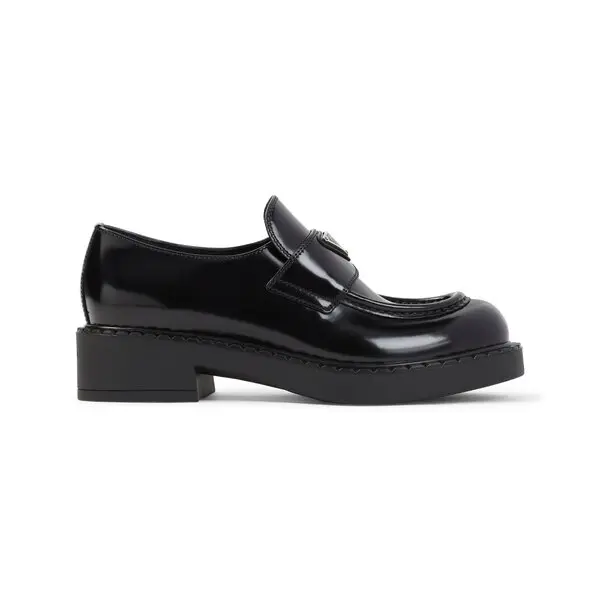 Prada Brushed Leather Chocolate Loafers With Enameled Triangle Logo - Black