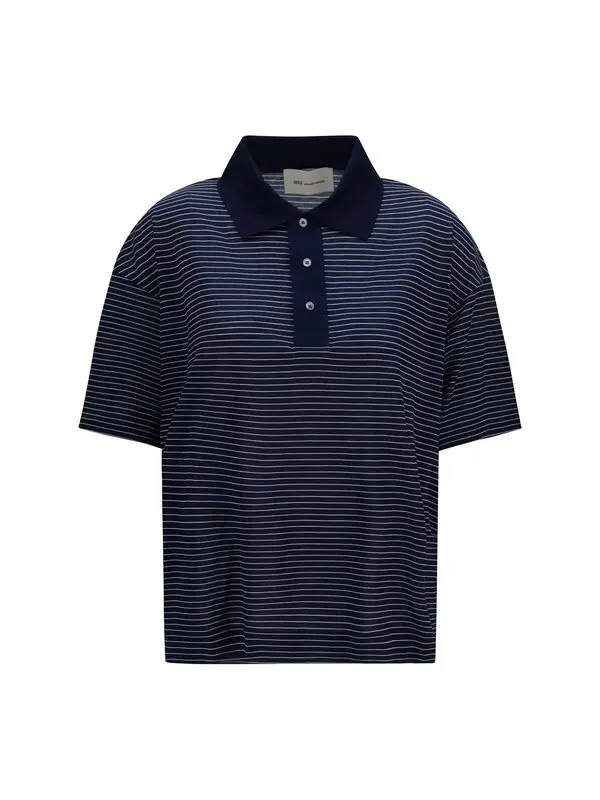AMI Paris Cotton Striped De Coeur Polo - Blue
